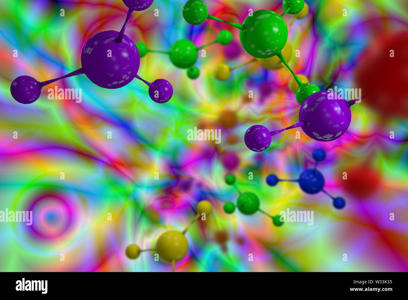 Close up of colorful atomic particle background science 3D illustration ...