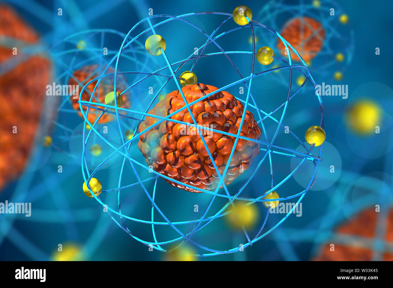 Close up of colorful atomic particle background science 3D illustration ...