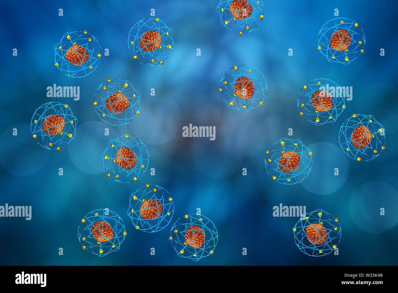 Close up of colorful atomic particle background science 3D illustration ...