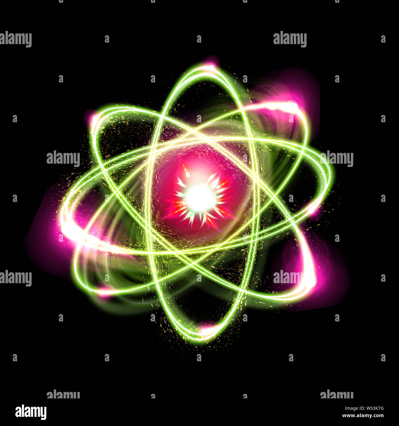 Close up of colorful atomic particle background science 3D illustration ...