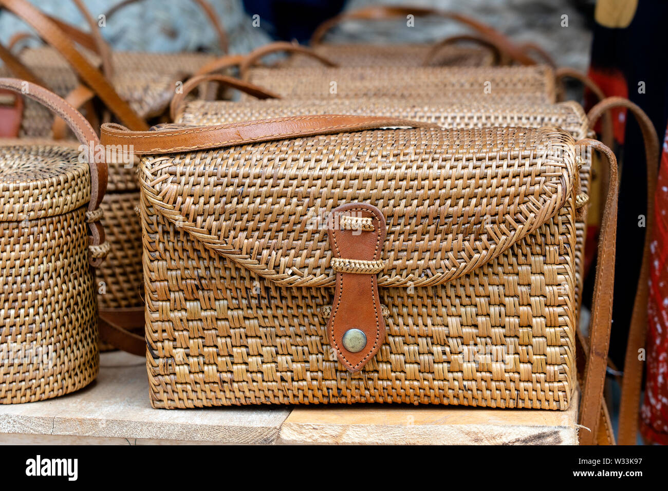 Famous Balinese rattan eco bags in a local souvenir market on street in ...