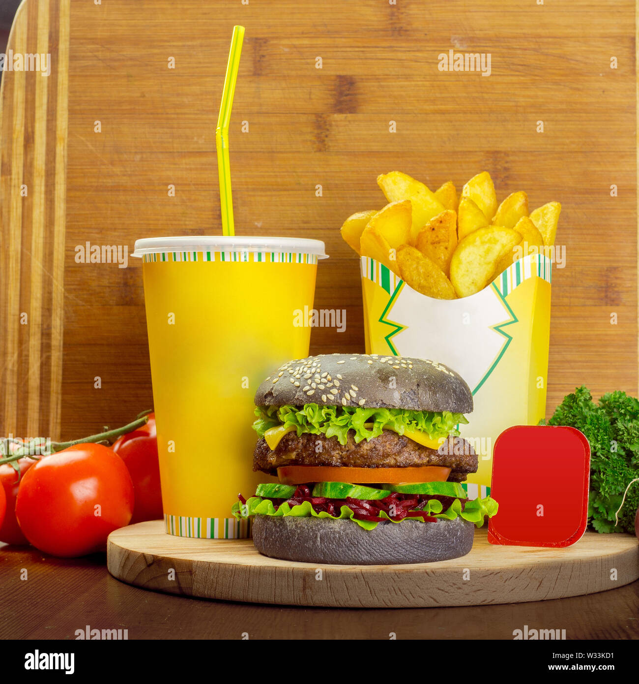 fast food menu with hamburger, french fries and glass of cola Stock ...