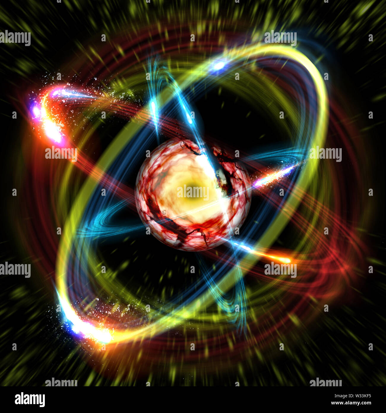 Close up of colorful atomic particle background science 3D illustration ...