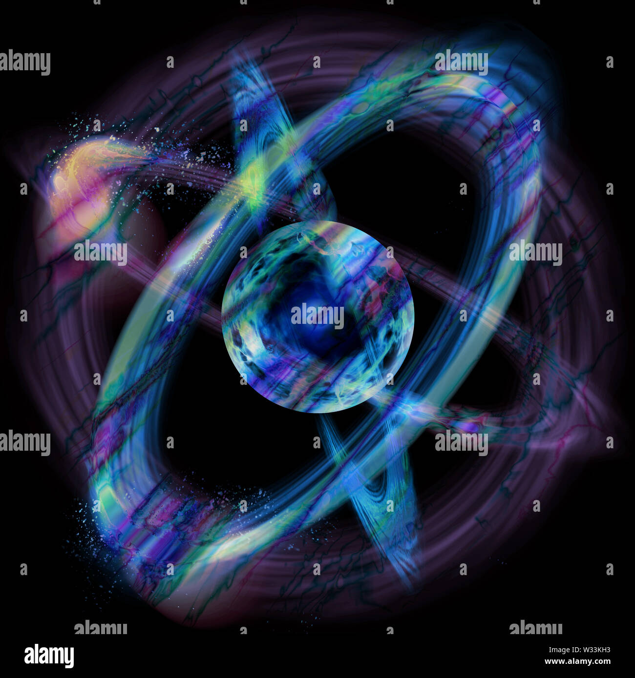 Close up of colorful atomic particle background science 3D illustration ...