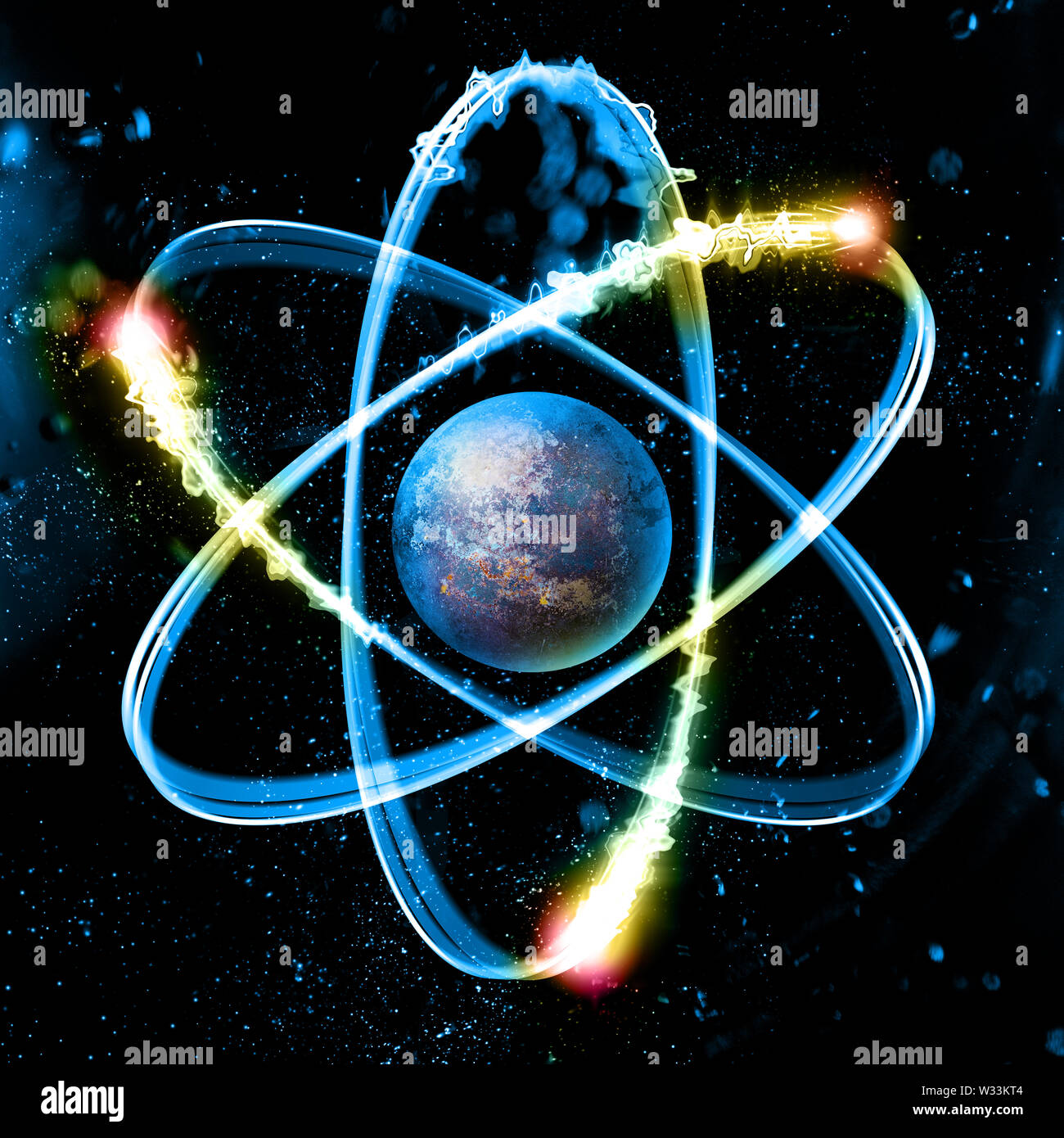 Close up of colorful atomic particle background science 3D illustration ...