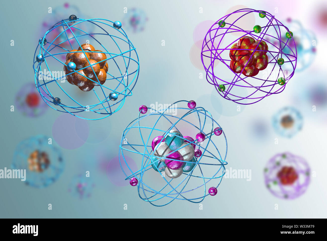 Close up of colorful atomic particle background science 3D illustration ...