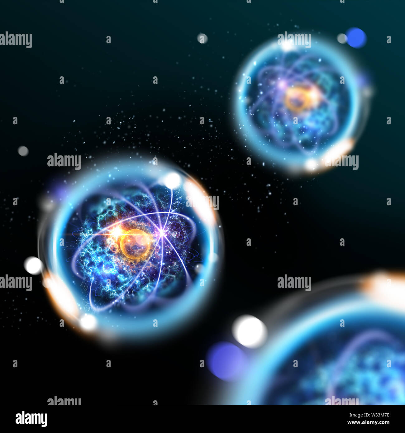 Close up of colorful atomic particle background science 3D illustration ...