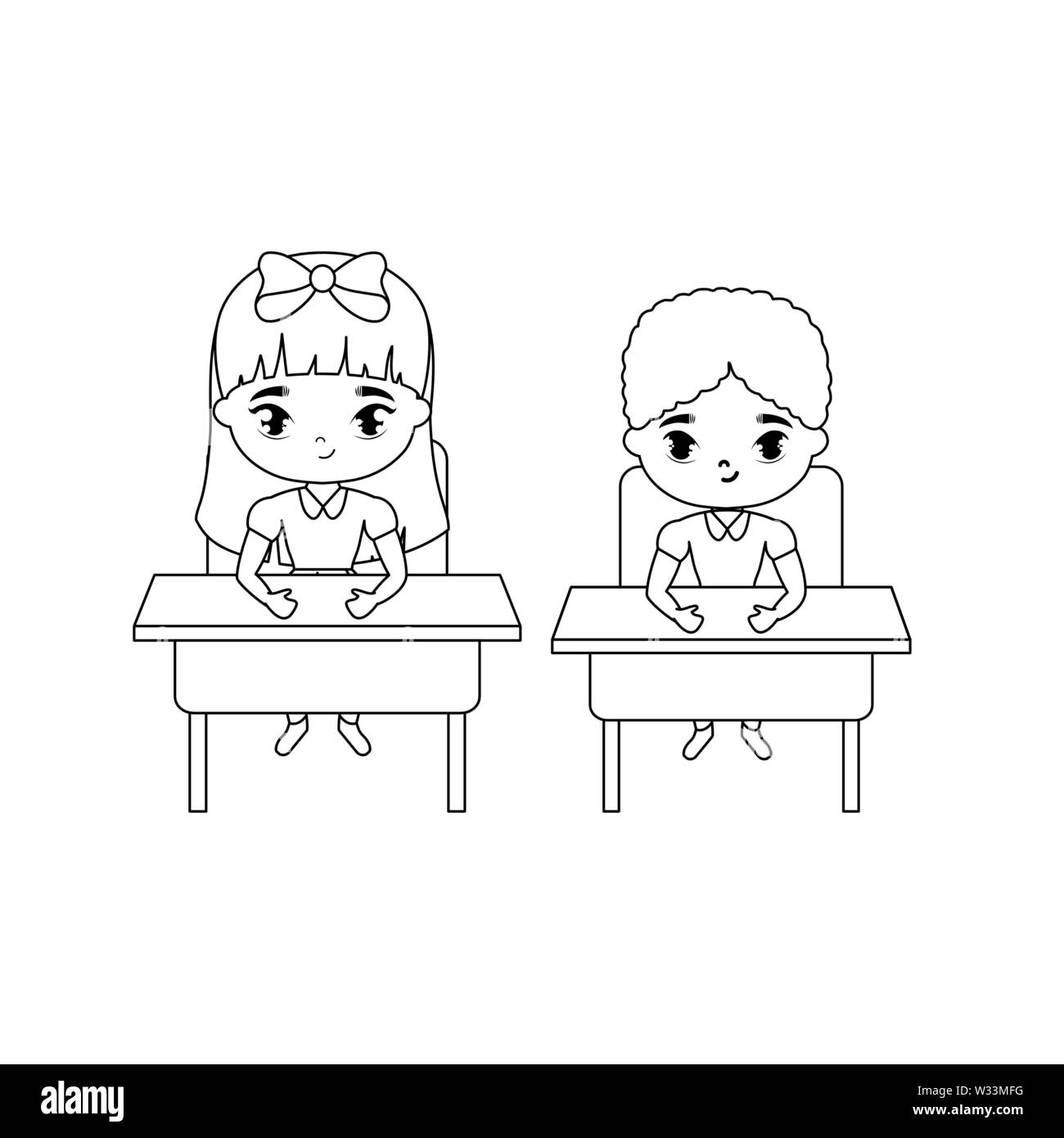 little students seated in school desks vector illustration design Stock ...