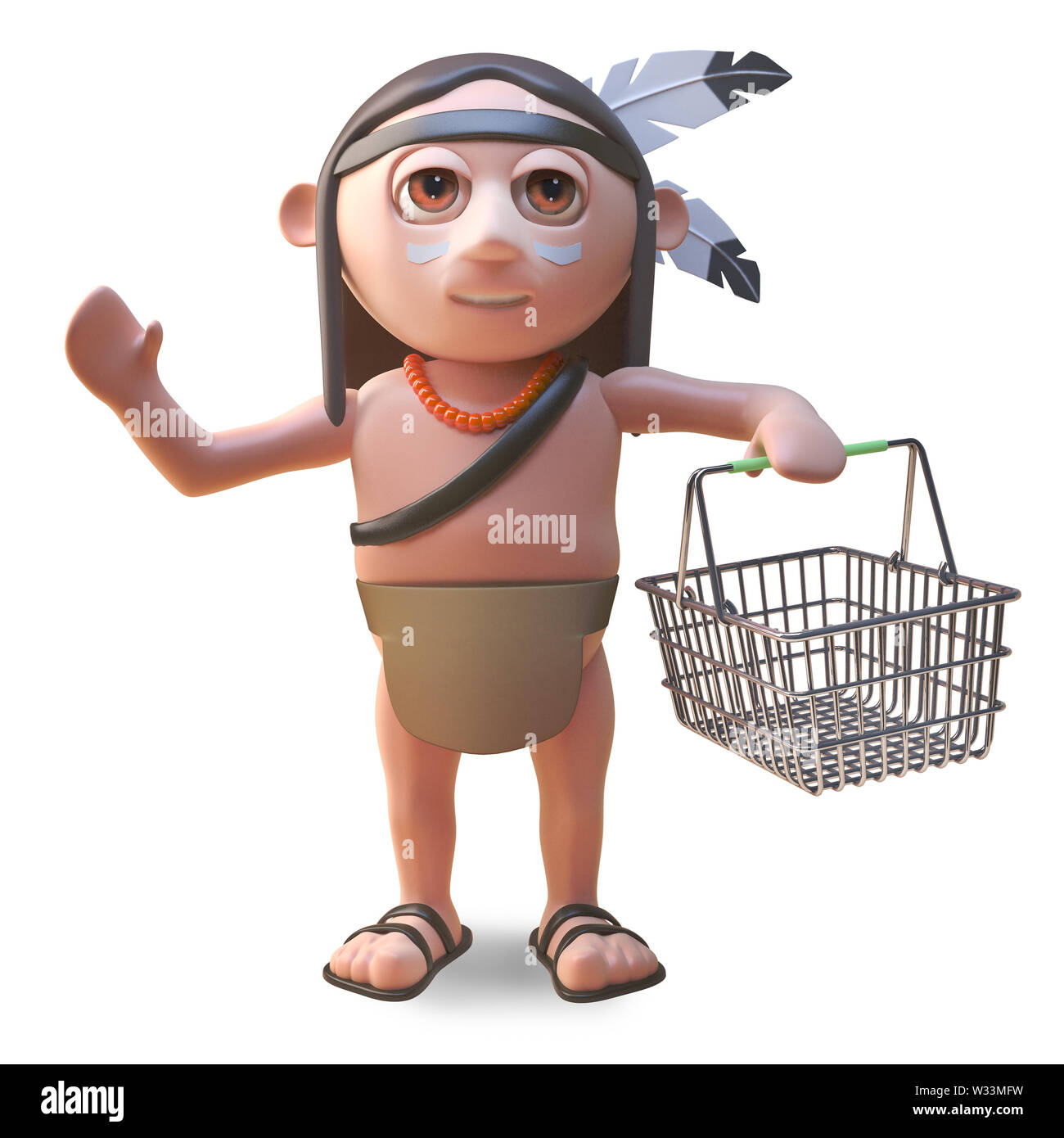 Cartoon native American Indian man carrying a shopping basket, 3d ...