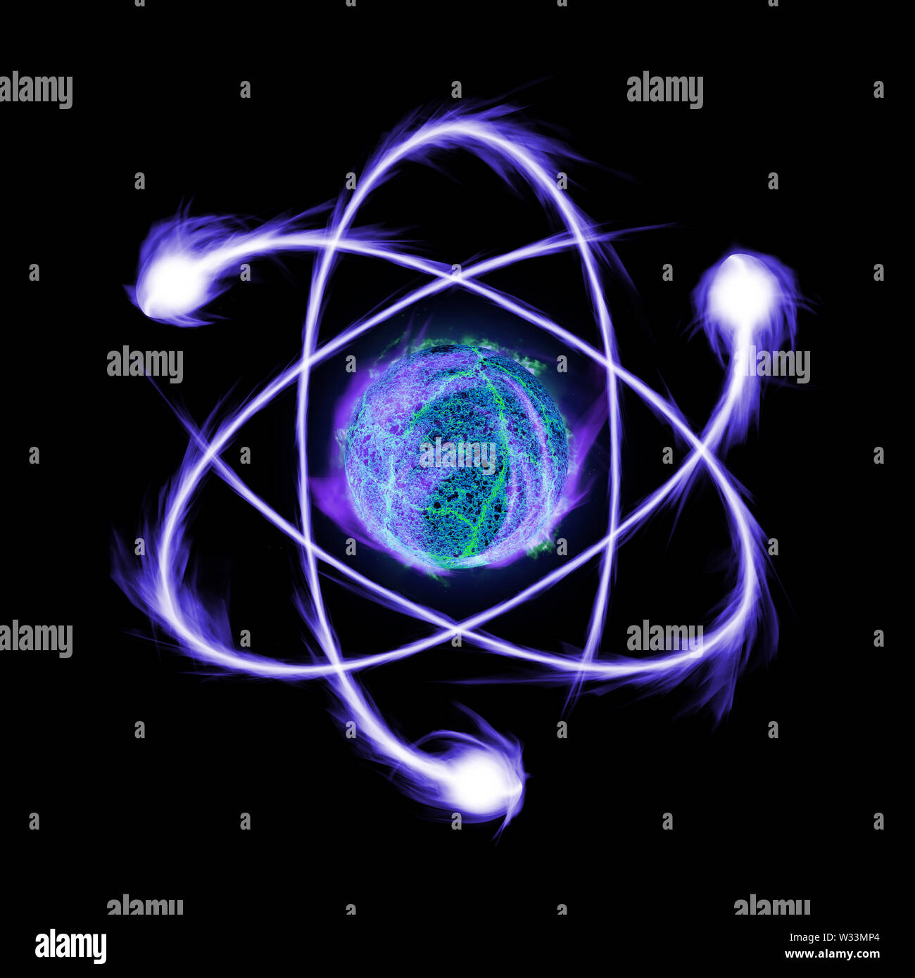 Close up of colorful atomic particle background science 3D illustration ...