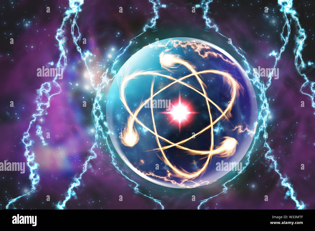 Close up of colorful atomic particle background science 3D illustration ...