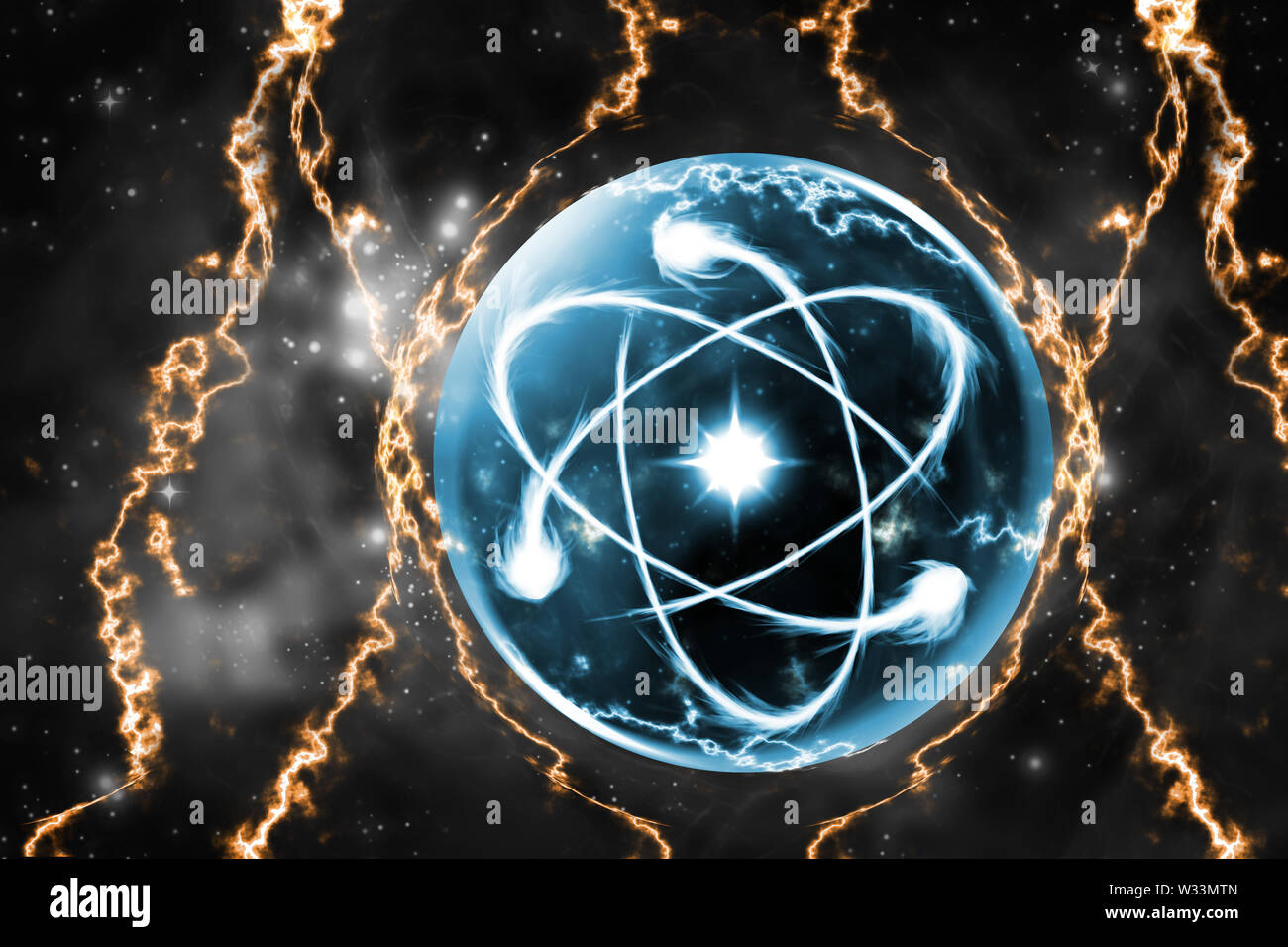 Close up of colorful atomic particle background science 3D illustration ...