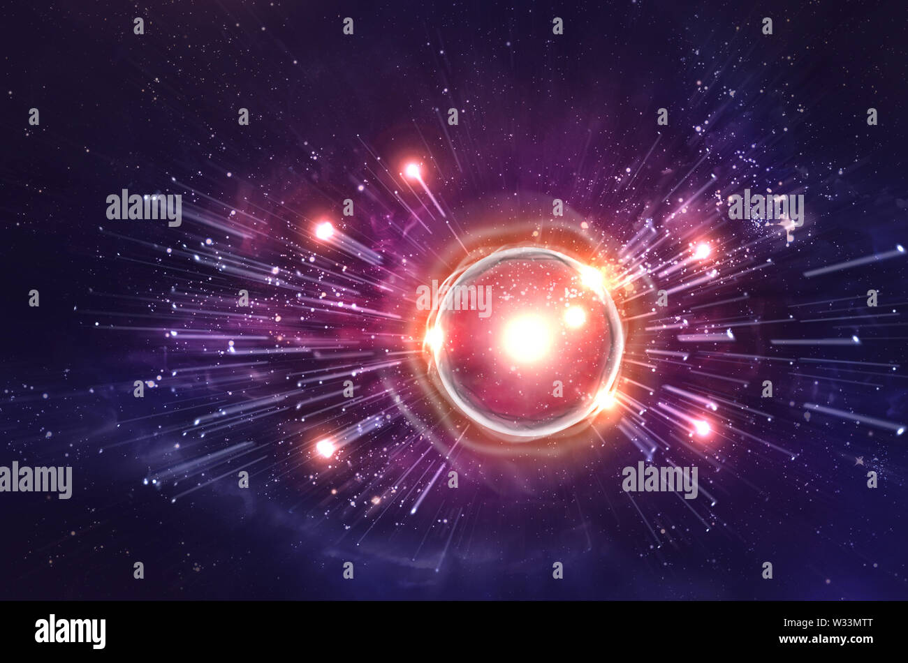 Close up of colorful atomic particle background science 3D illustration ...