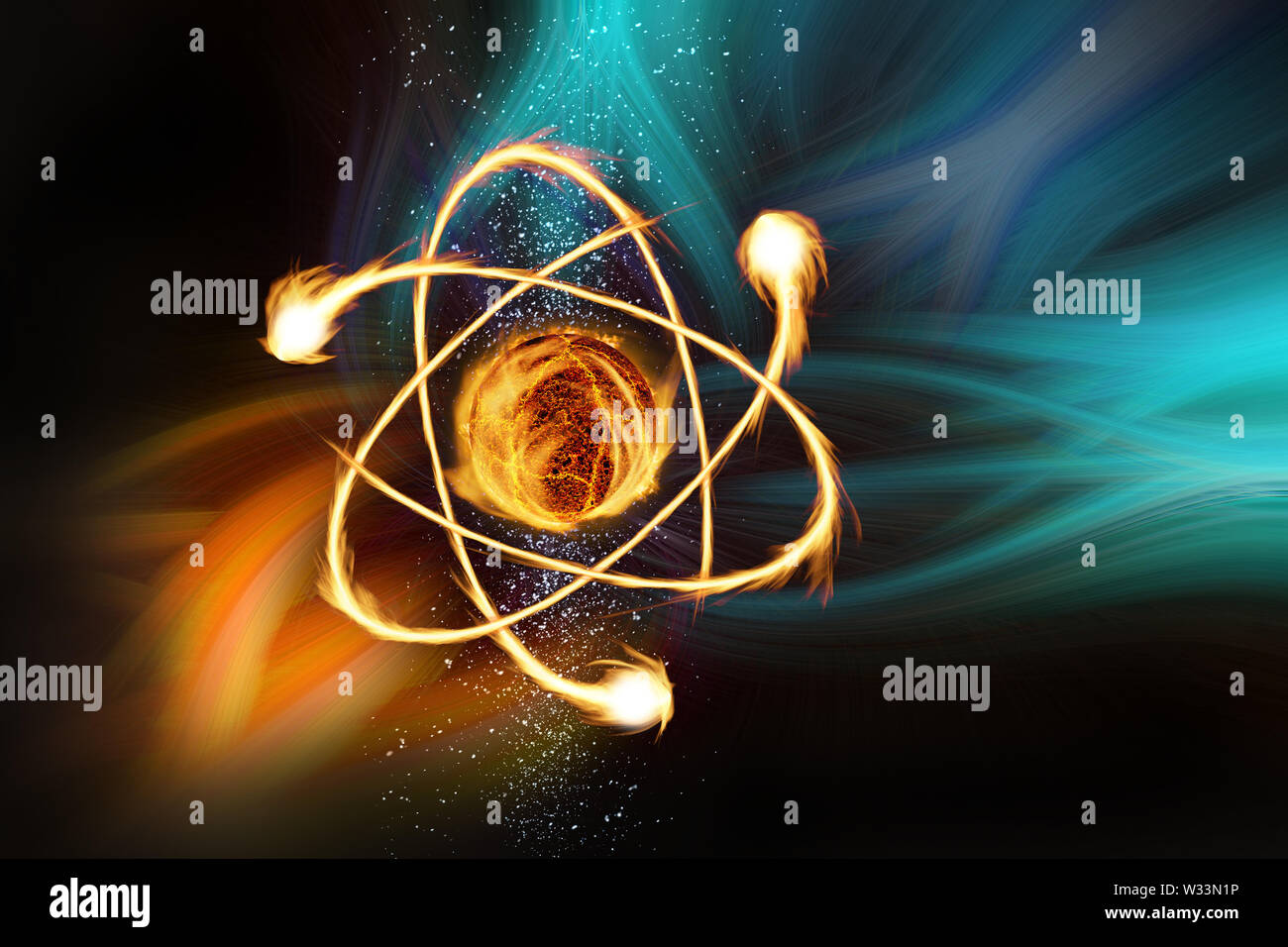 Close up of colorful atomic particle background science 3D illustration ...