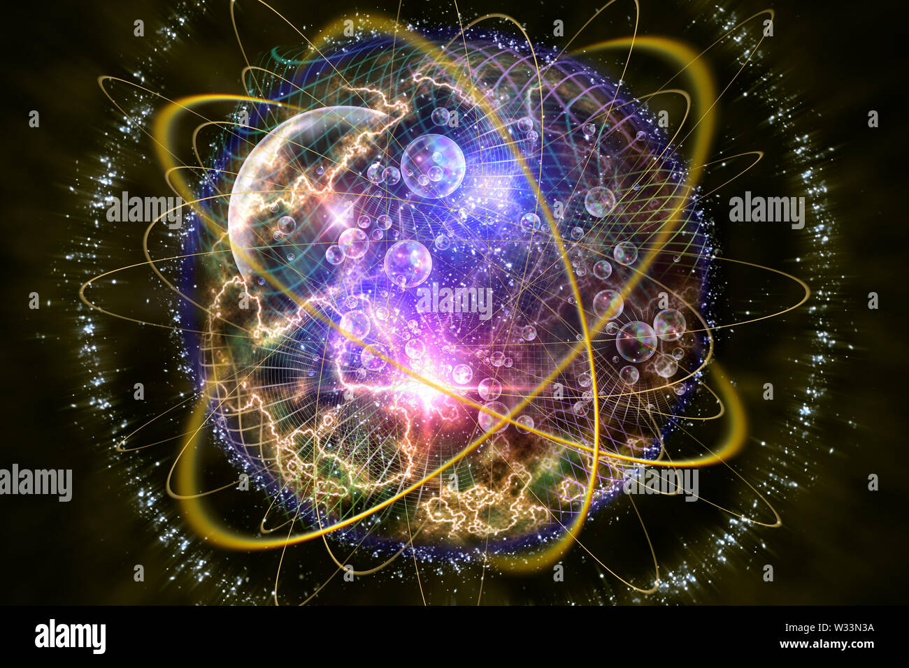 Close up of colorful atomic particle background science 3D illustration ...