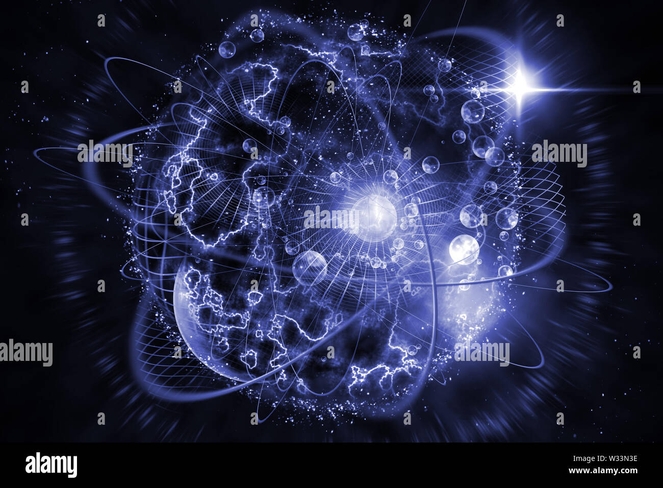Close up of colorful atomic particle background science 3D illustration ...
