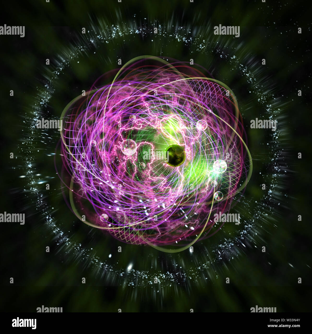 Close up of colorful atomic particle background science 3D illustration ...