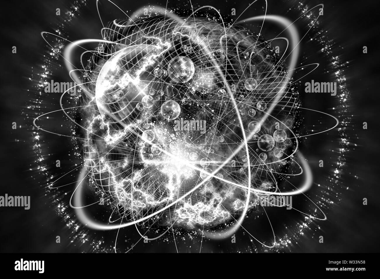 Close up of colorful atomic particle background science 3D illustration ...