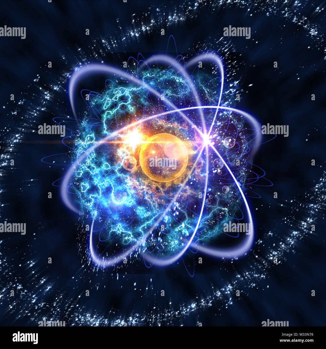 Close up of colorful atomic particle background science 3D illustration ...