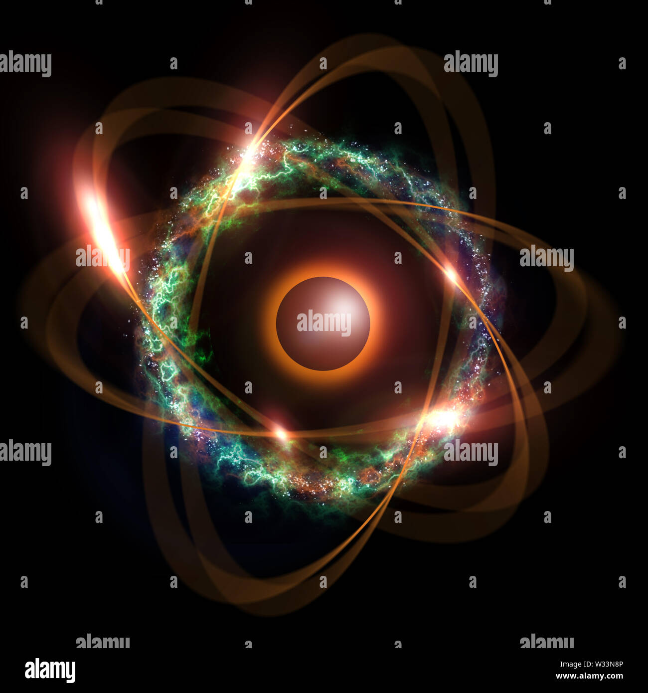 Close up of colorful atomic particle background science 3D illustration ...