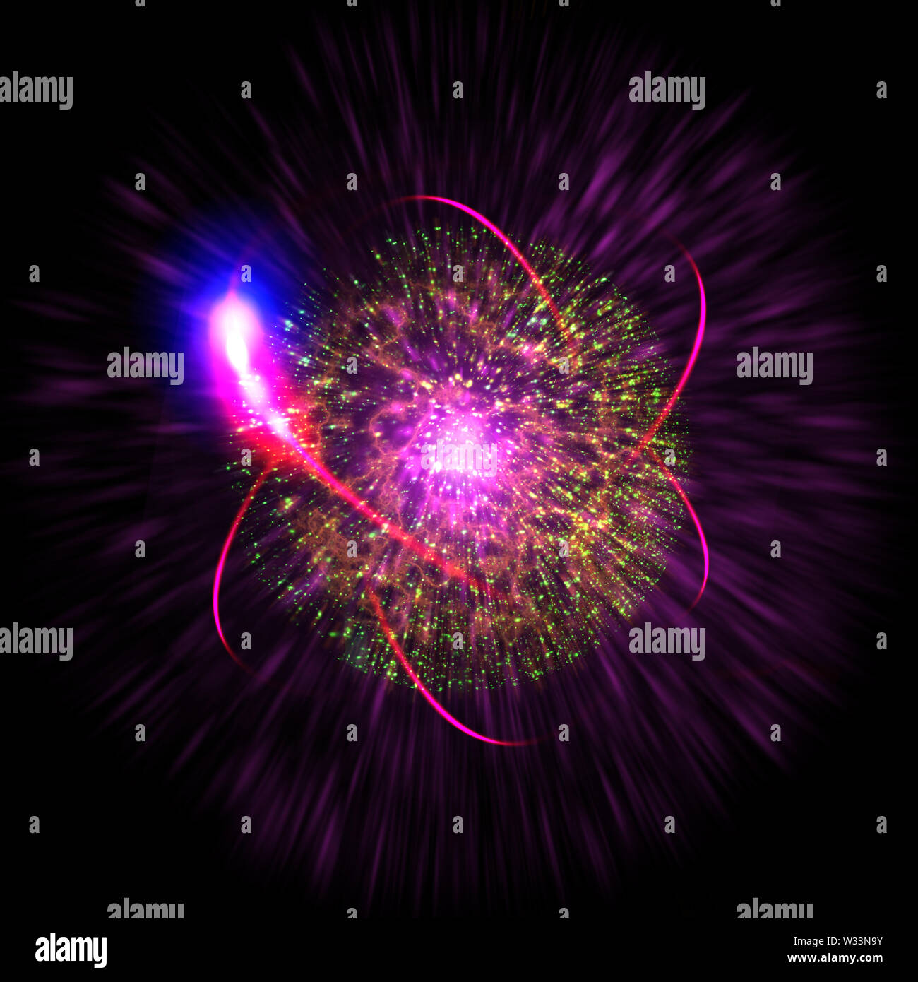 Close up of colorful atomic particle background science 3D illustration ...
