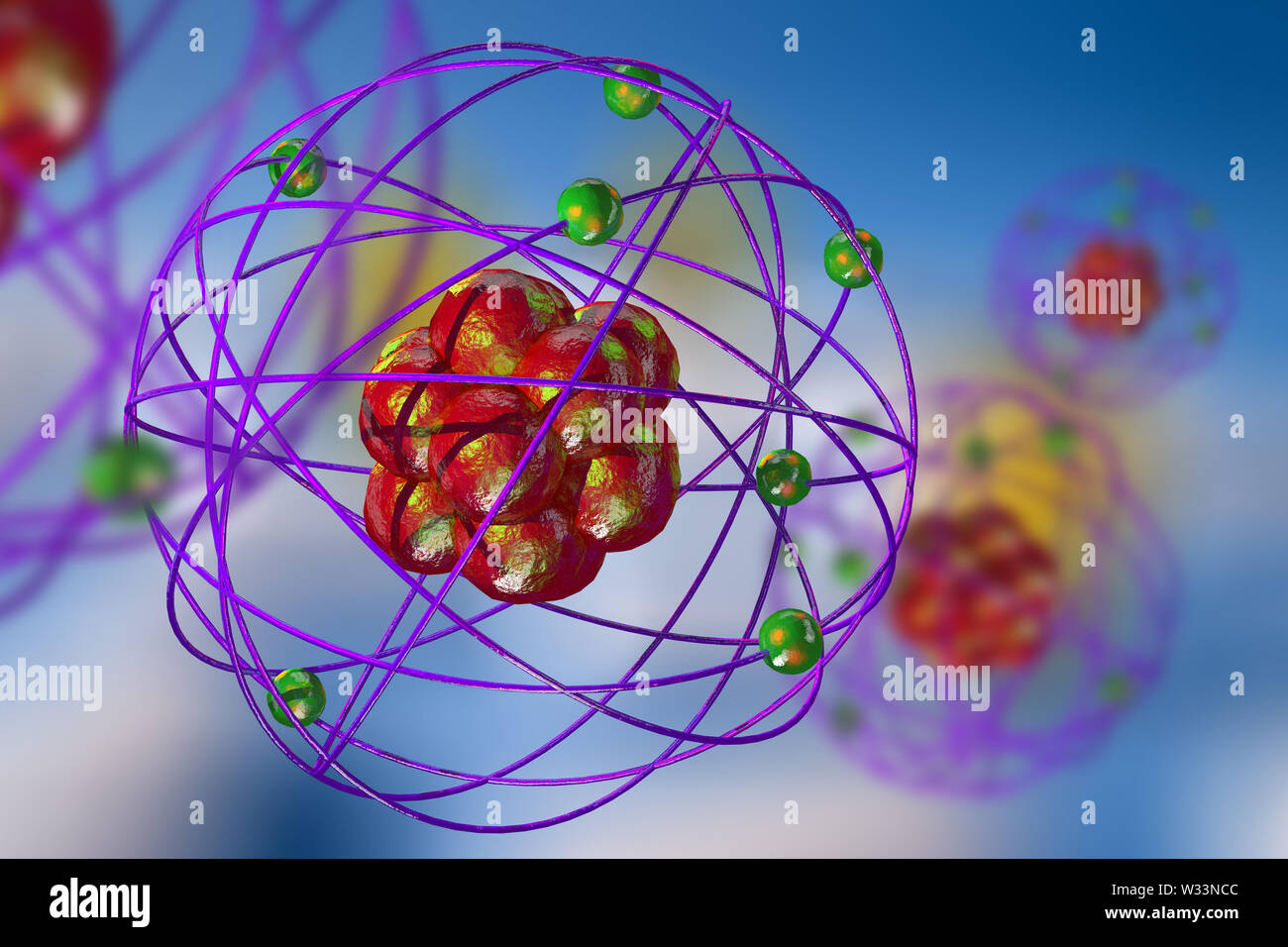 Close up of colorful atomic particle background science 3D illustration ...