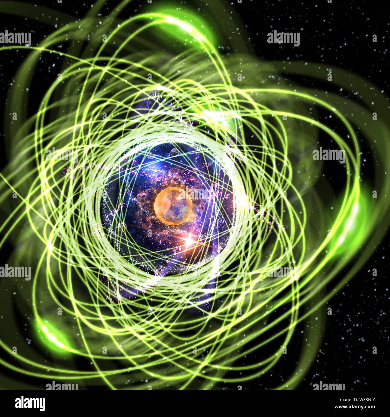 Close up of colorful atomic particle background science 3D illustration ...