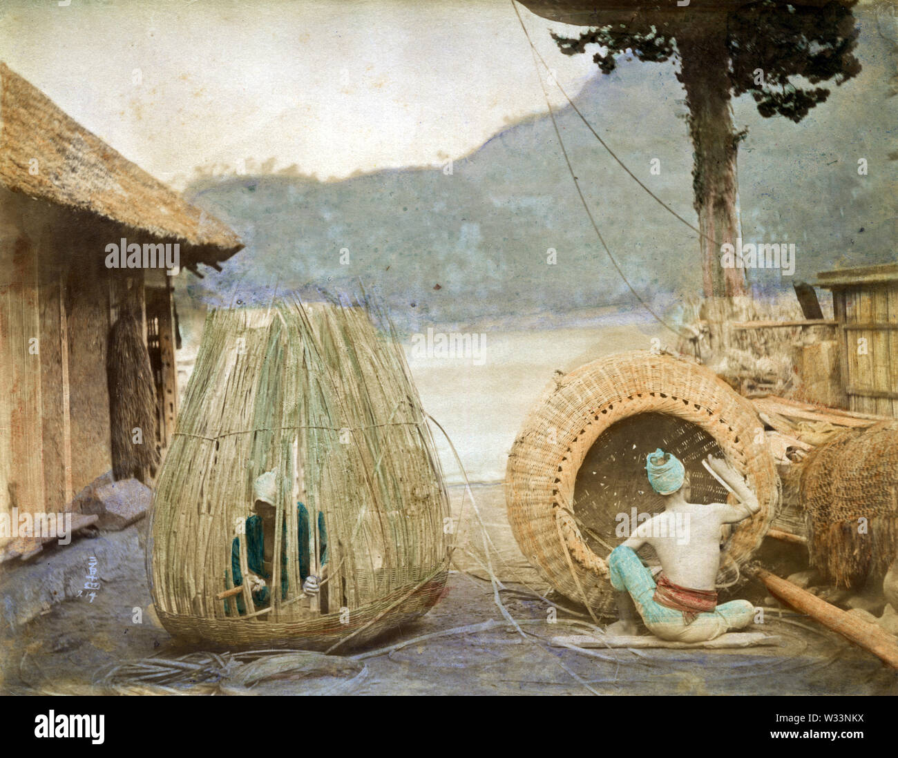 [ 1890s Japan - Making Baskets ] — Two men making huge baskets. 19th ...
