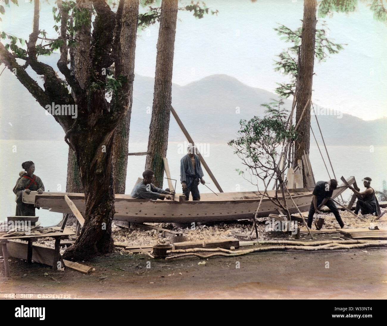 [ 1890s Japan - Building a Boat ] — Carpenters building a boat. 19th ...