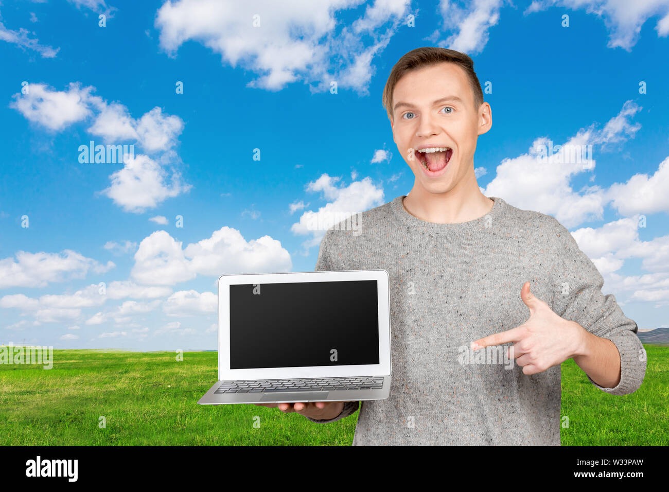Man pointing on the laptop screen Stock Photo - Alamy