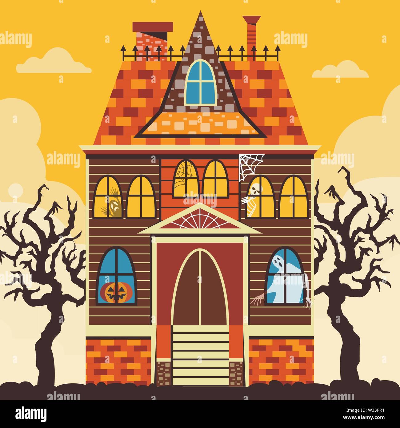 Creepy Halloween Haunted House Scene Card Template Stock Vector Image ...