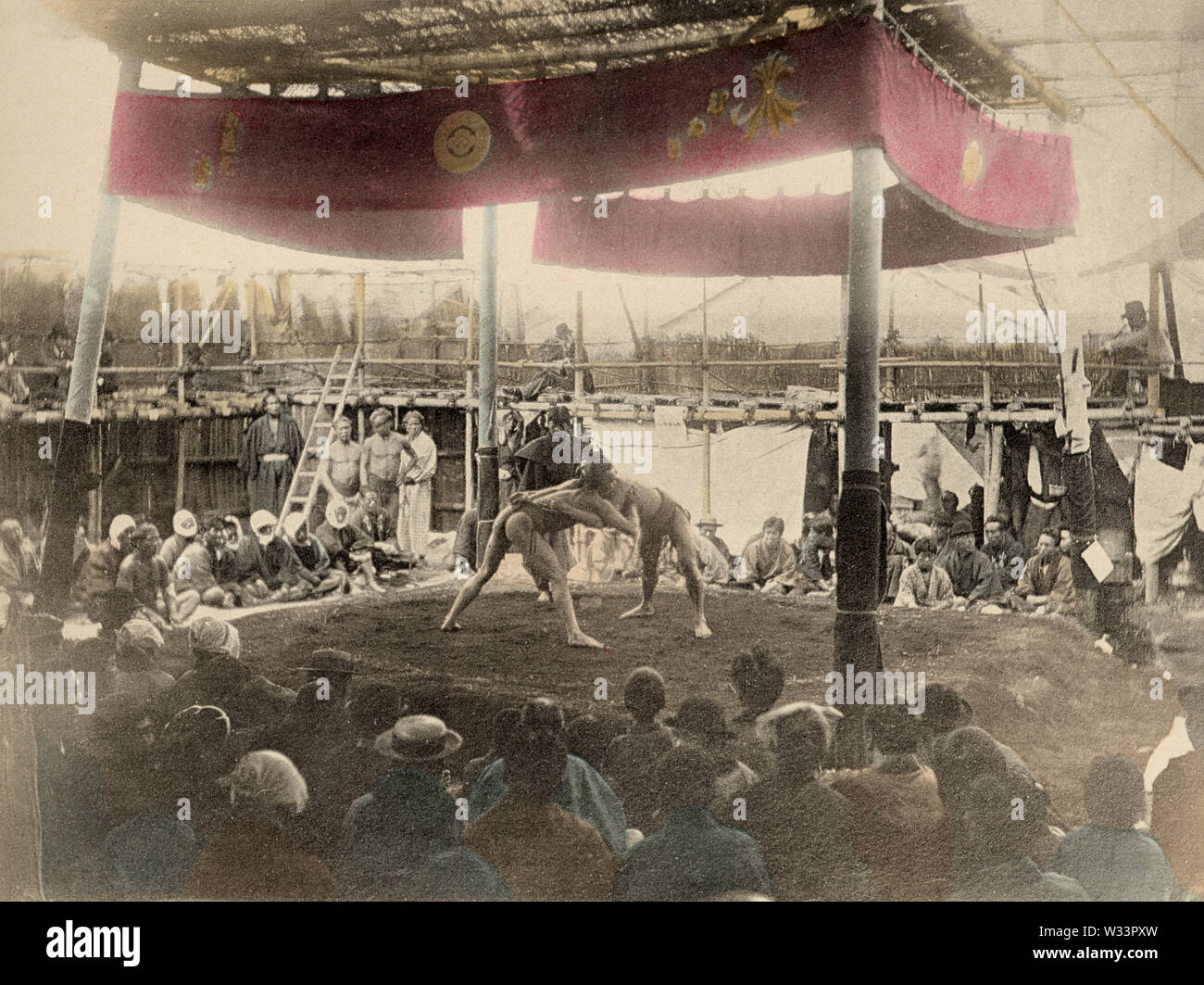 [ 1890s Japan - Sumo Wrestlers in Outside Ring ] — Sumo wrestlers in an ...