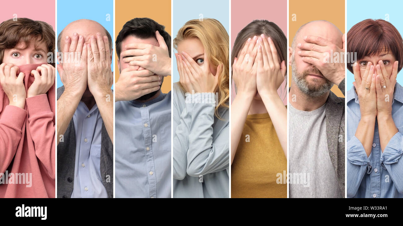 Collage of women and men covering face with hands over Stock Photo - Alamy