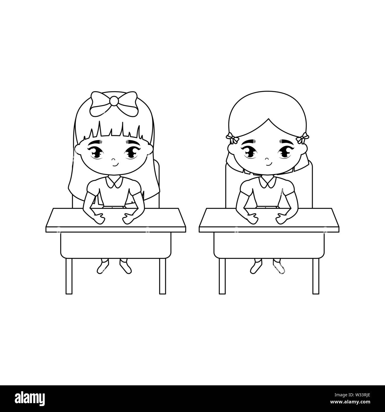 little student girls seated in school desks vector illustration design ...