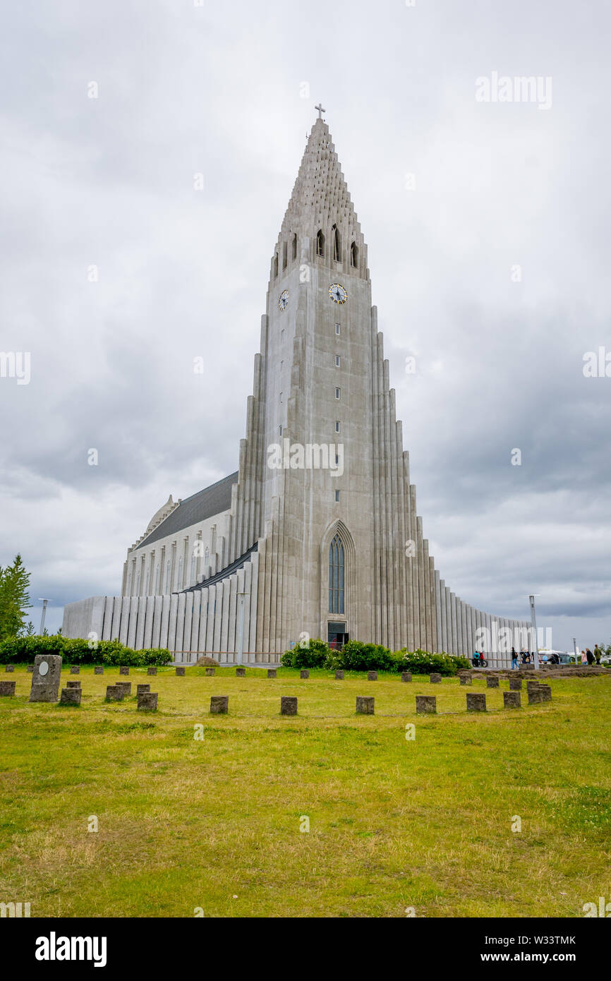 Reykjavik, Iceland, July 2019: Hallgrimskirkja or church of Hallgrimur ...