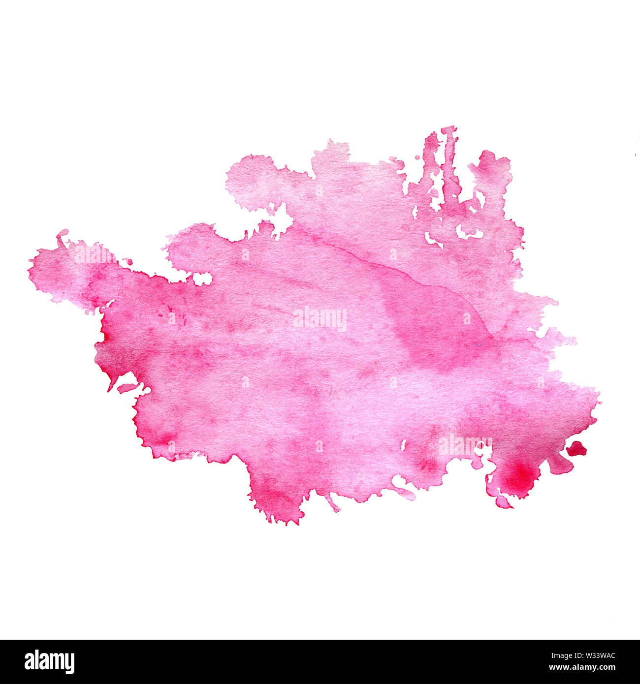 Watercolor stain of pink with splashes and stains. An isolated scarlet ...