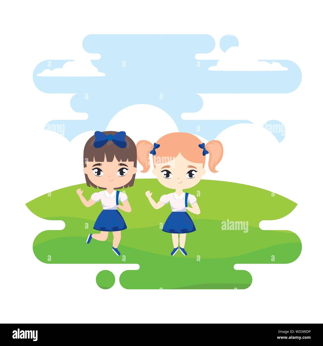 cute little student girls in landscape scene vector illustration design ...