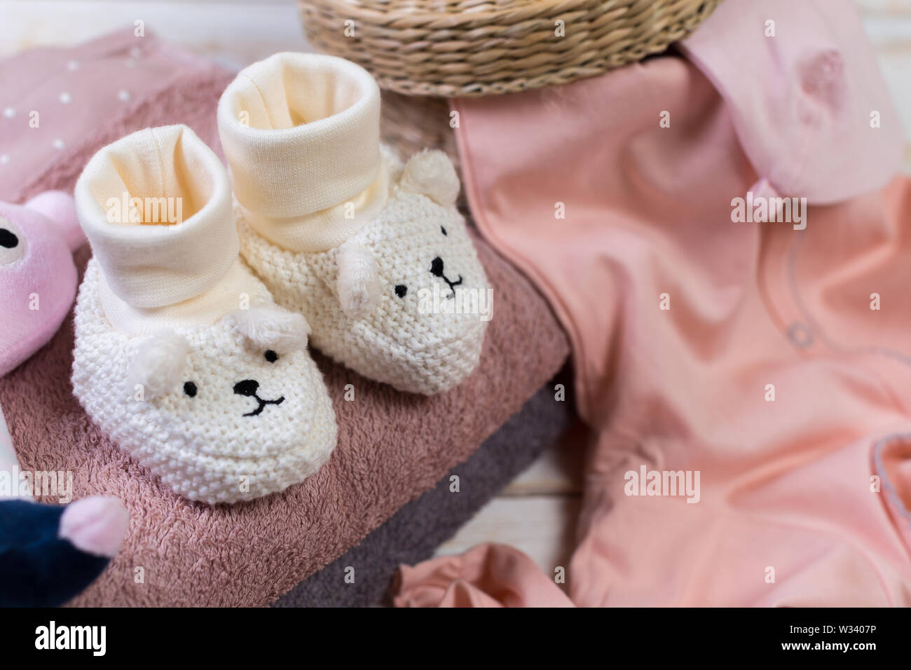 set of fashion trendy clothes and kids stuff for little baby girl Stock ...