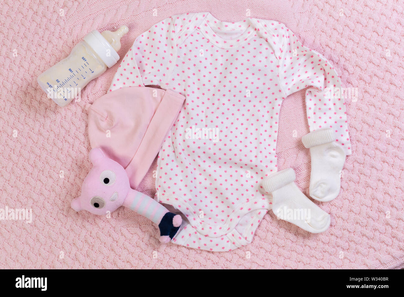 set of fashion trendy clothes and kids stuff for little baby girl Stock ...