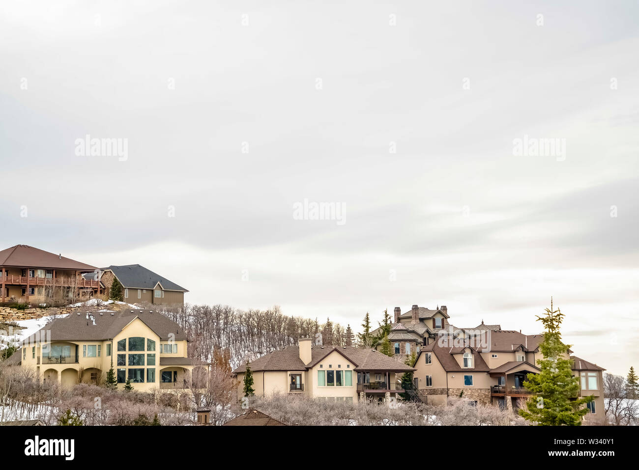 Luxurious multi storey homes on a snow covered mountain under overcast ...