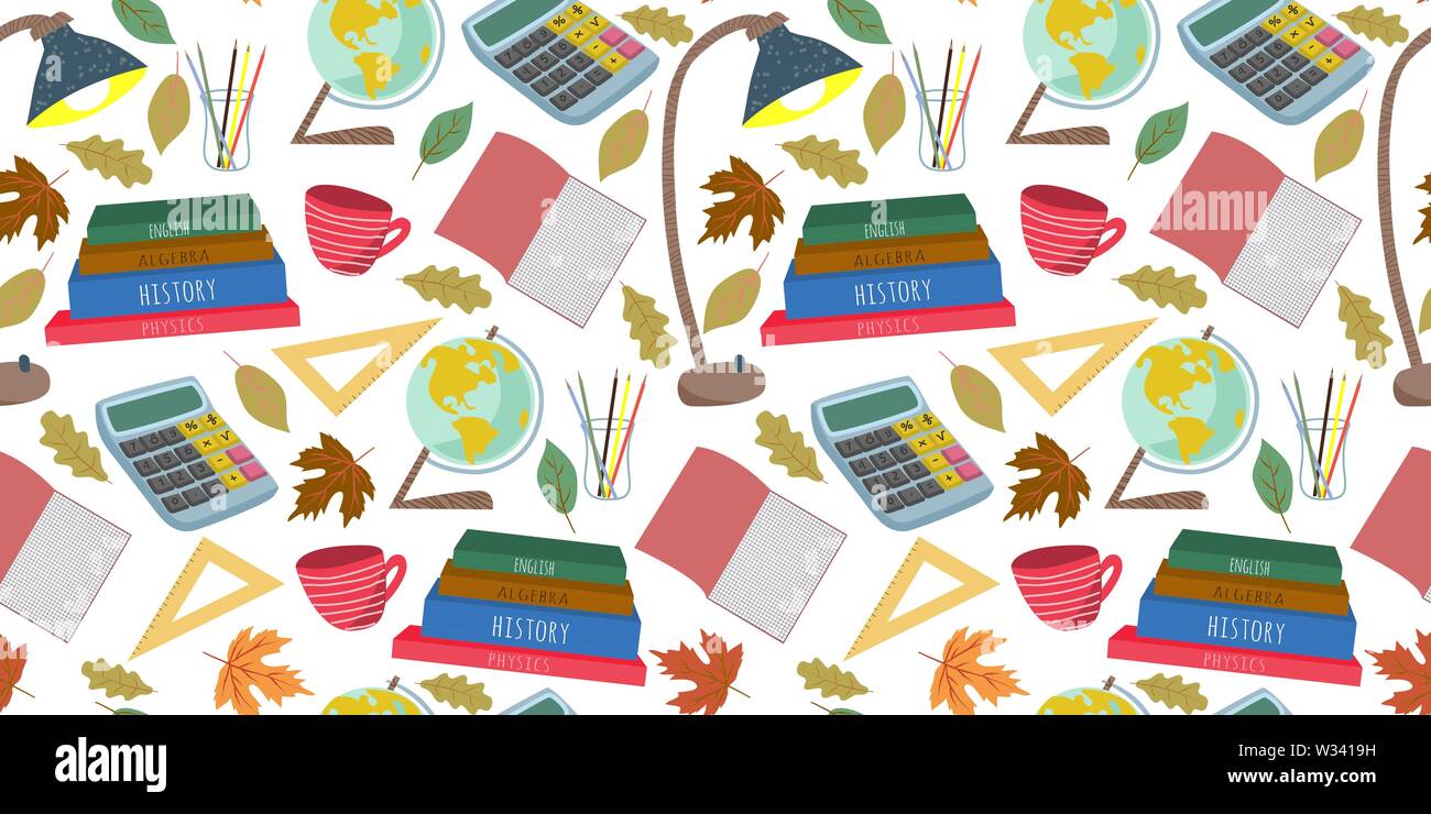 Back to school. Flat vector horizontal seamless pattern, freehand with ...