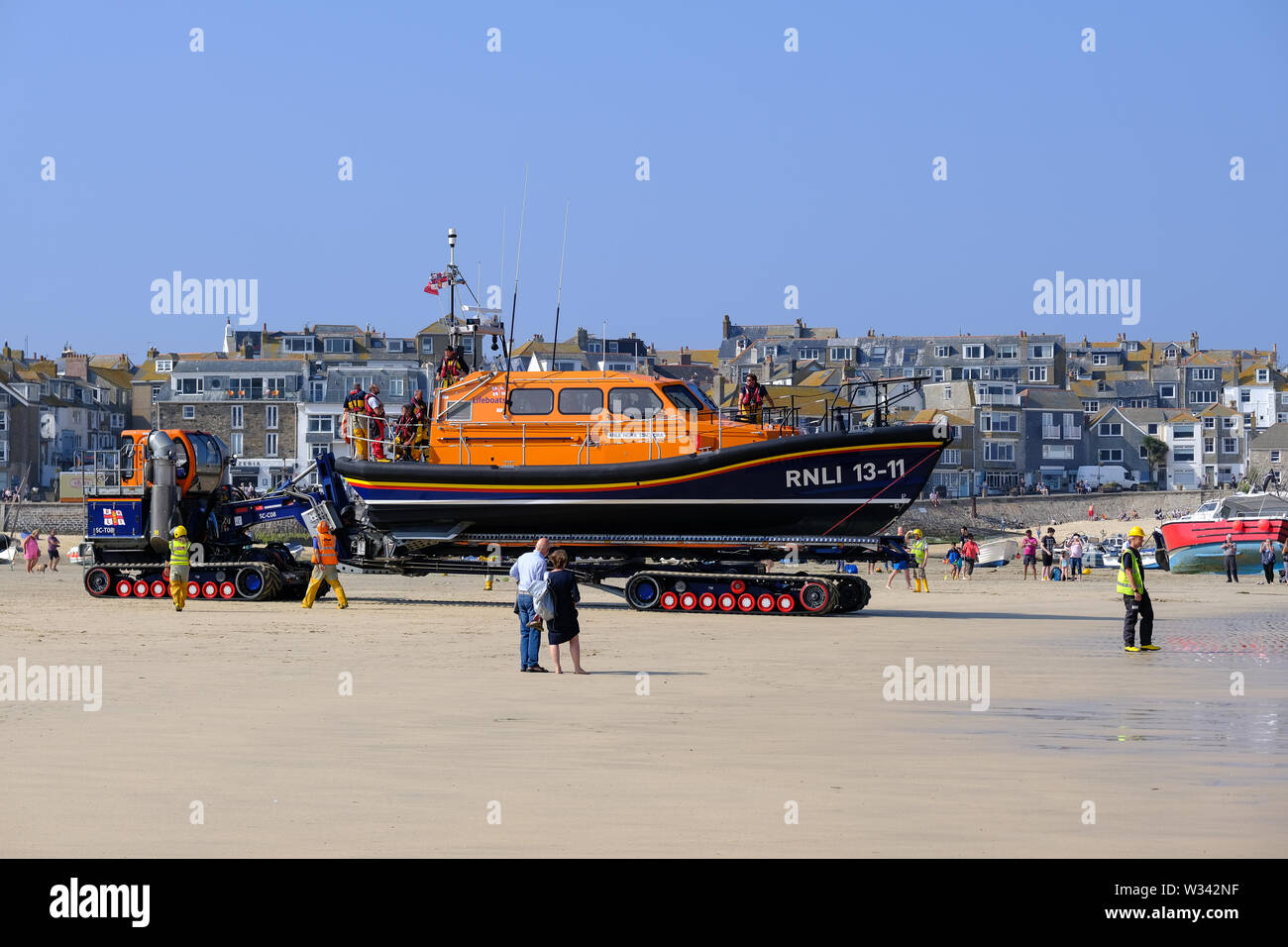 The RNLI Lifeboat launching on an exercise at St Ives in Cornwall Stock ...