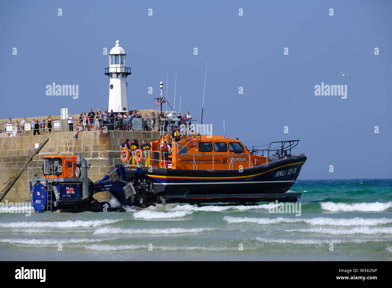 The RNLI Lifeboat launching on an exercise at St Ives in Cornwall Stock ...