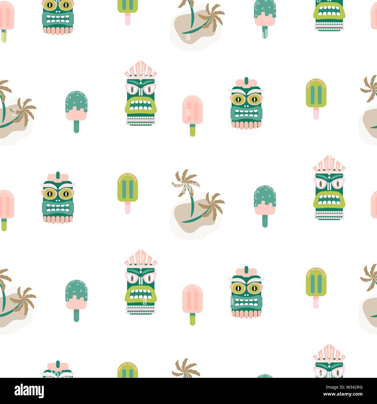 Hawaii seamless vector pattern. Tiki mask and palm trees white ...