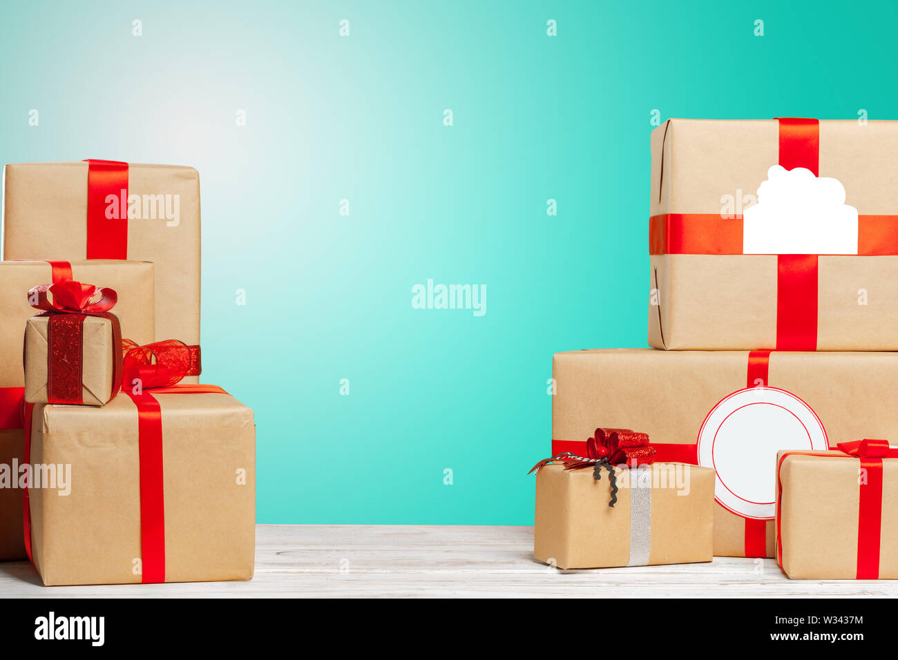 pile of gifts on the old table Stock Photo - Alamy