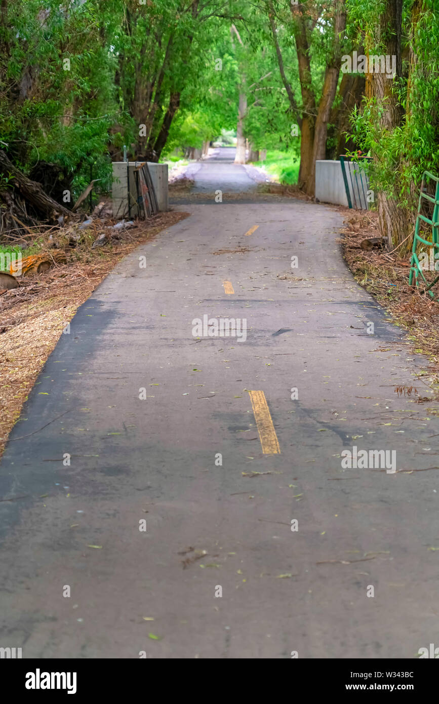 Close up of paved road with faded yellow lines in the middle on a sunny ...