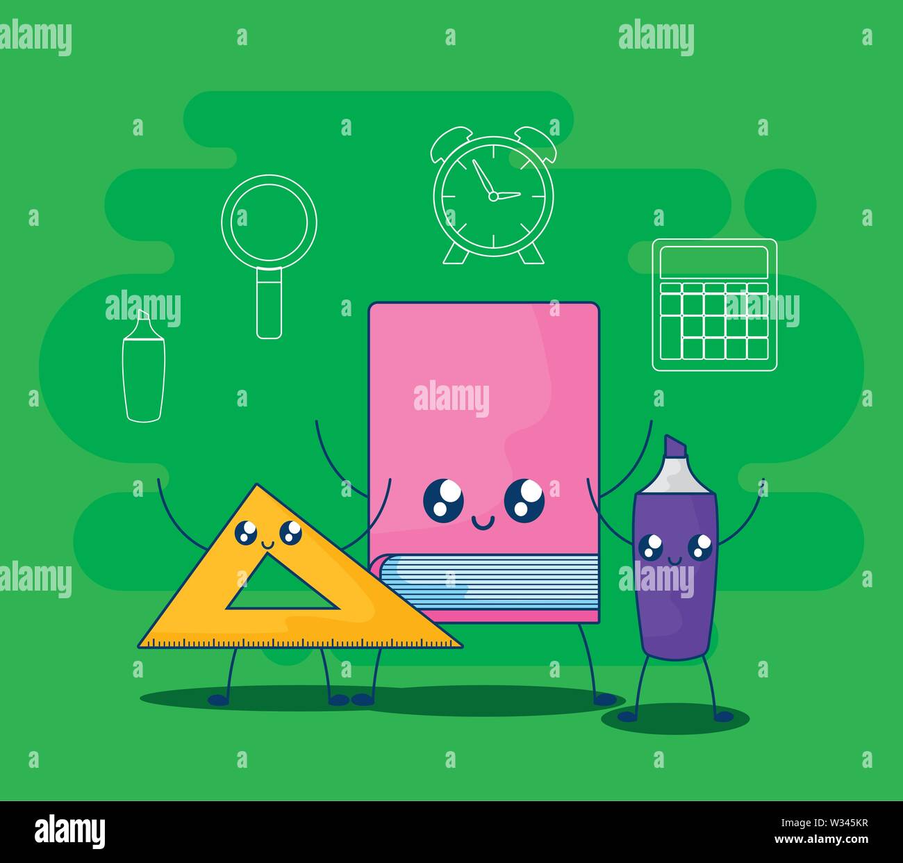 library book with set supplies school kawaii style vector illustration ...