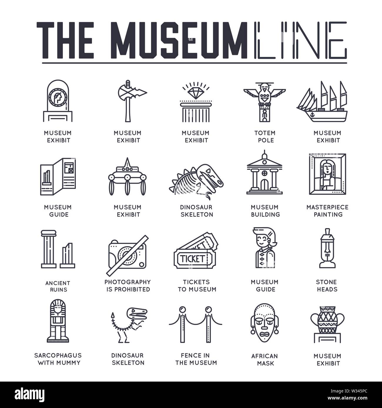 Set of museum building and objects thin line icons isolated on white ...