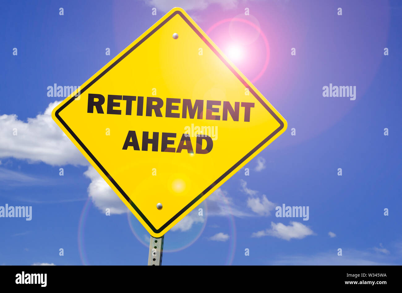 Retirement ahead conceptual warning sign against blue sky Stock Photo ...