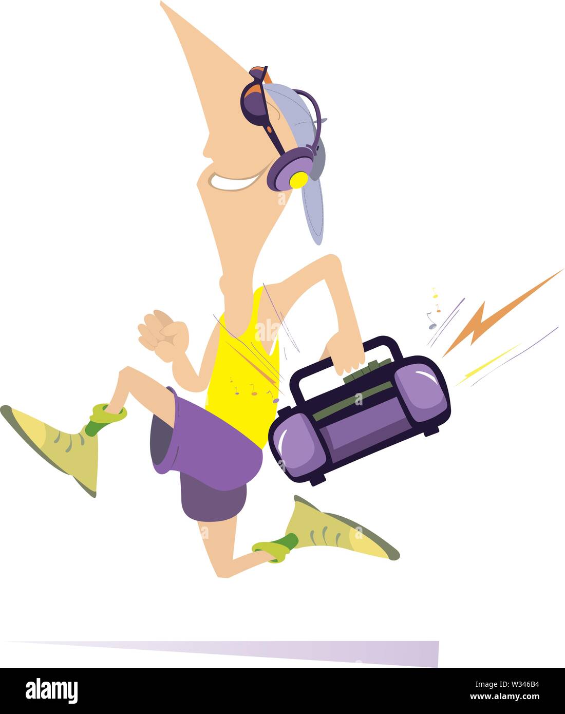 Comic man with sunglasses and headphones is running and listening music ...